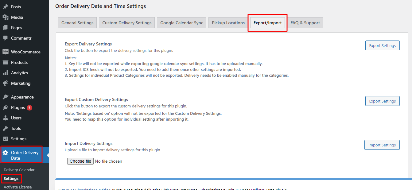 Export or Import your Delivery Settings - Tyche Softwares Documentation