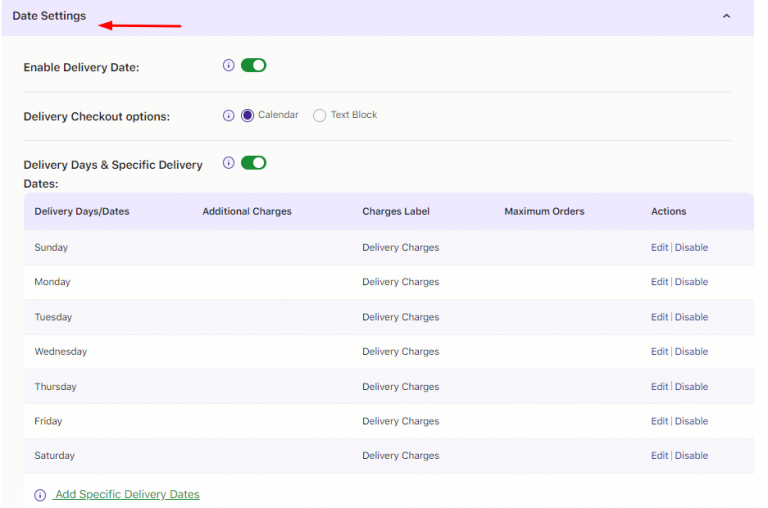 How do I set up delivery date settings for weekdays and specific dates ...